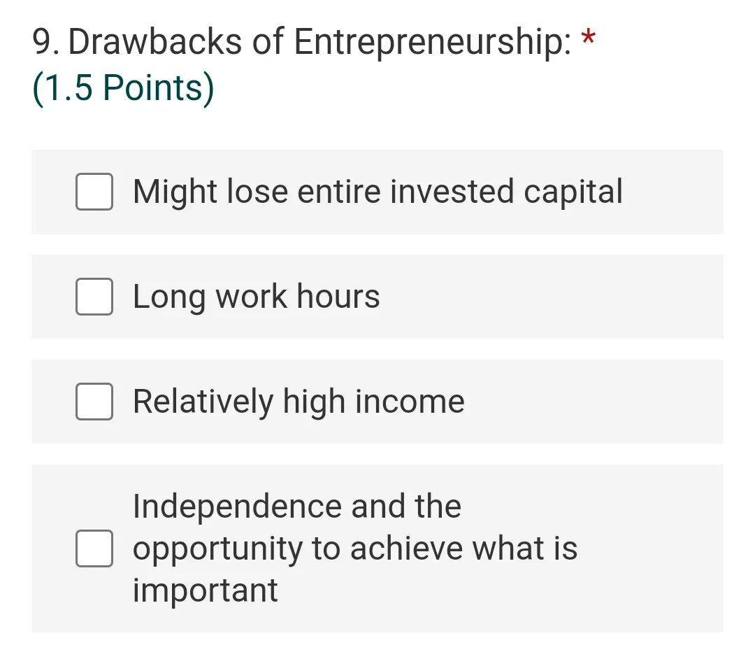 Solved 9. Drawbacks of Entrepreneurship: * (1.5 Points) | Chegg.com