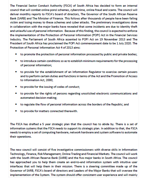 Solved The Financial Sector Conduct Authority (FSCA) of | Chegg.com