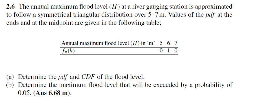 Solved 2.6 The annual maximum flood level (H) at a river | Chegg.com