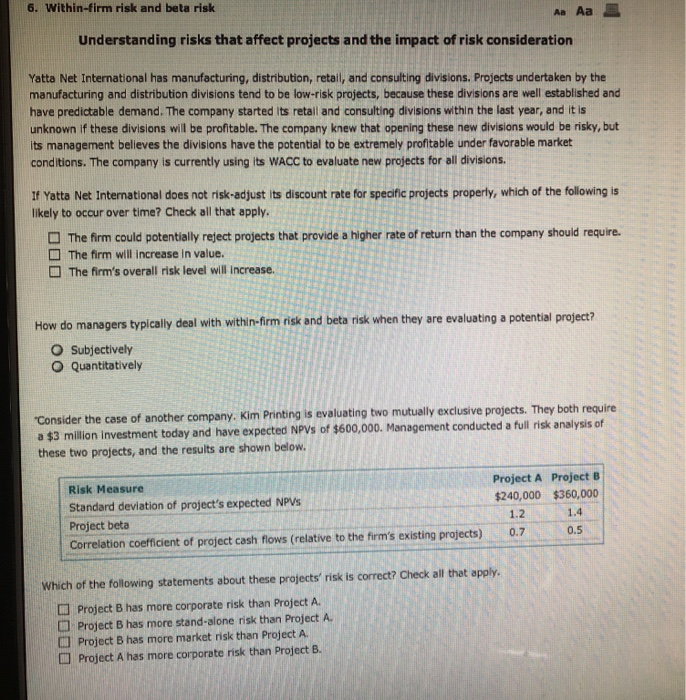Solved 6. Within-firm risk and beta risk Aa Aa Understanding | Chegg.com