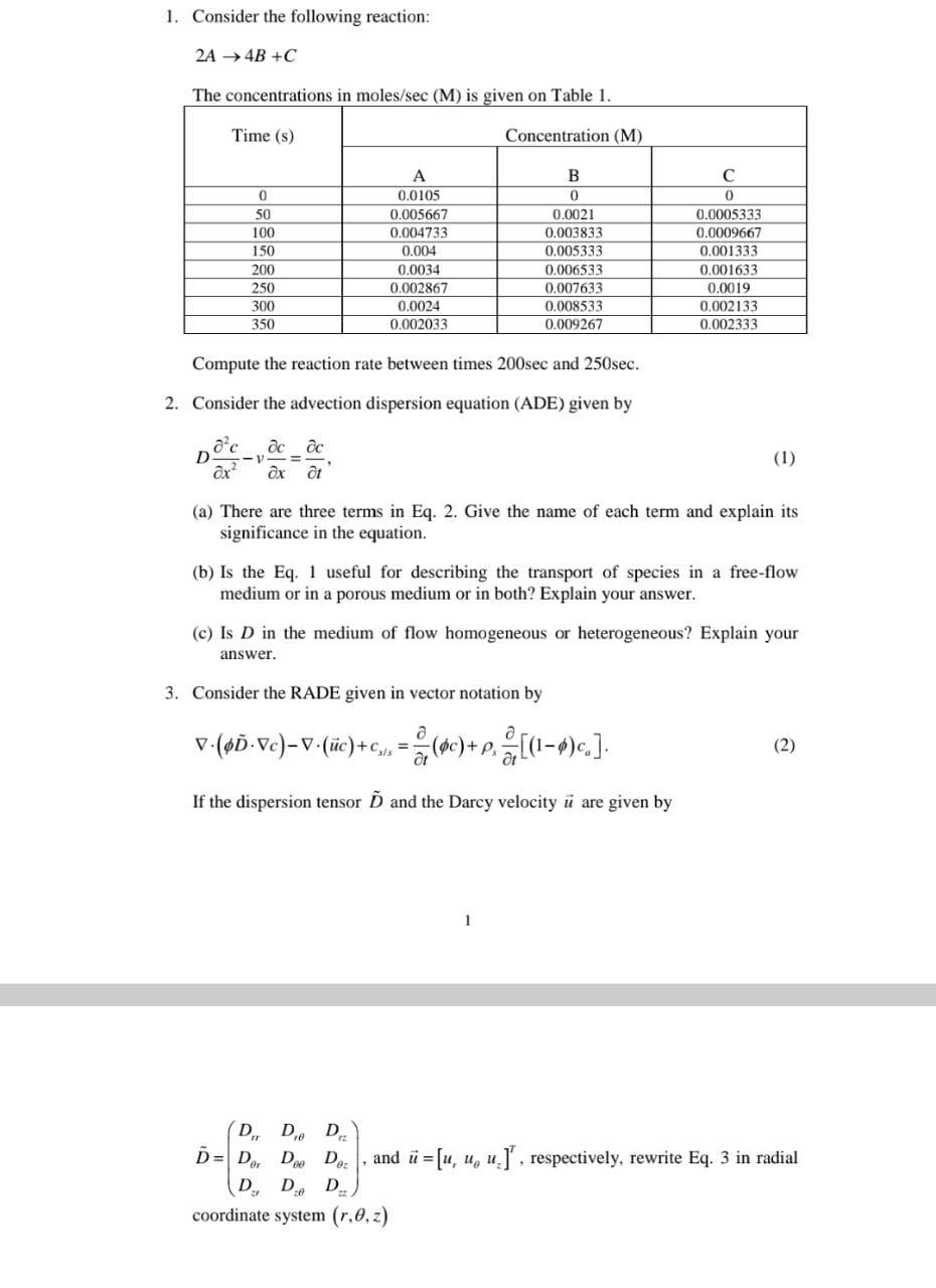 Solved 1. Consider the following reaction: 2A 4B +C The | Chegg.com