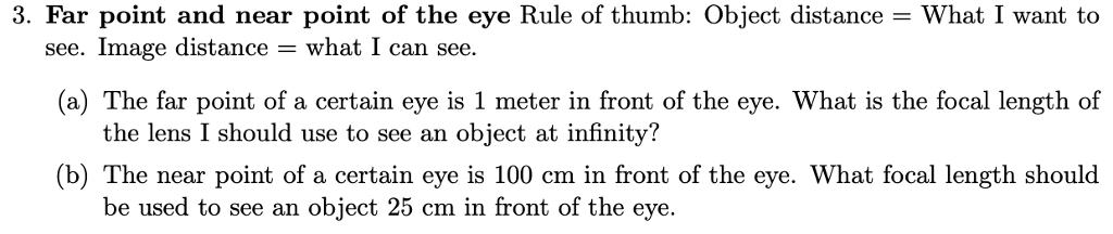 Solved 3. Far point and near point of the eye Rule of thumb: | Chegg.com