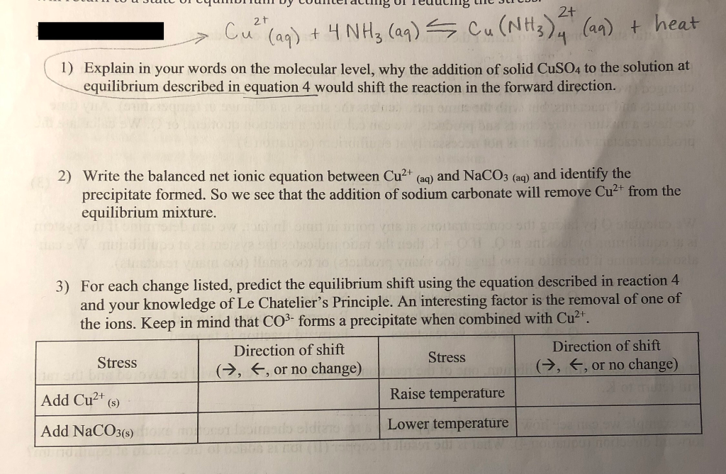 Solved 2+ Cu" (aq) + 4 NH₃ (aq) Cu (NH3) 4 (aq) + heat 1) | Chegg.com
