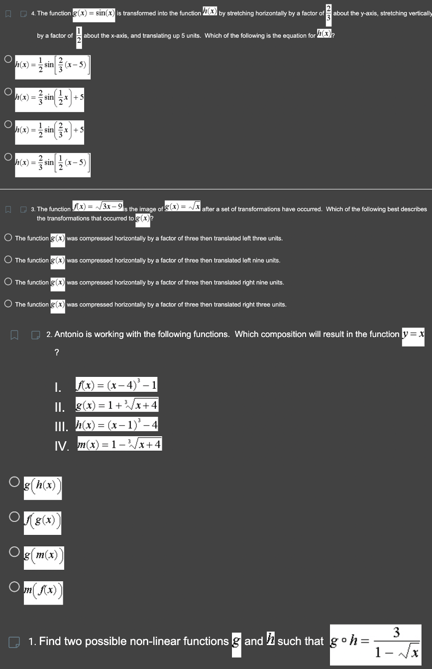Solved 4. The function g(x)=sin(x) is transformed into the | Chegg.com