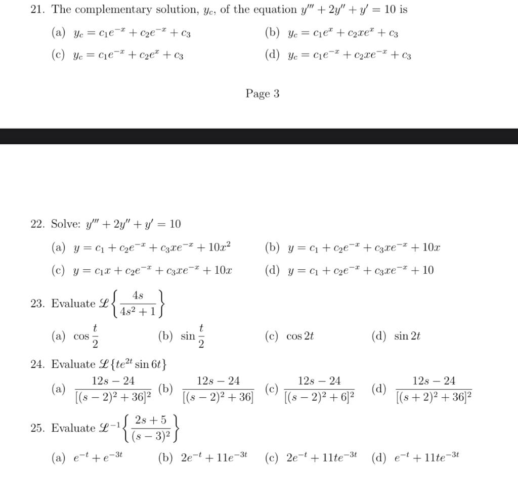 Solved 21. The complementary solution, yc, of the equation | Chegg.com