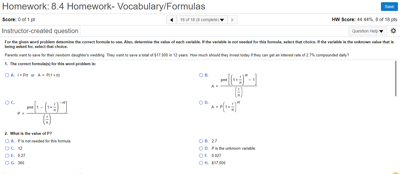 Solved Homework: 8.4 Homework- Vocabulary/Formulas Save | Chegg.com