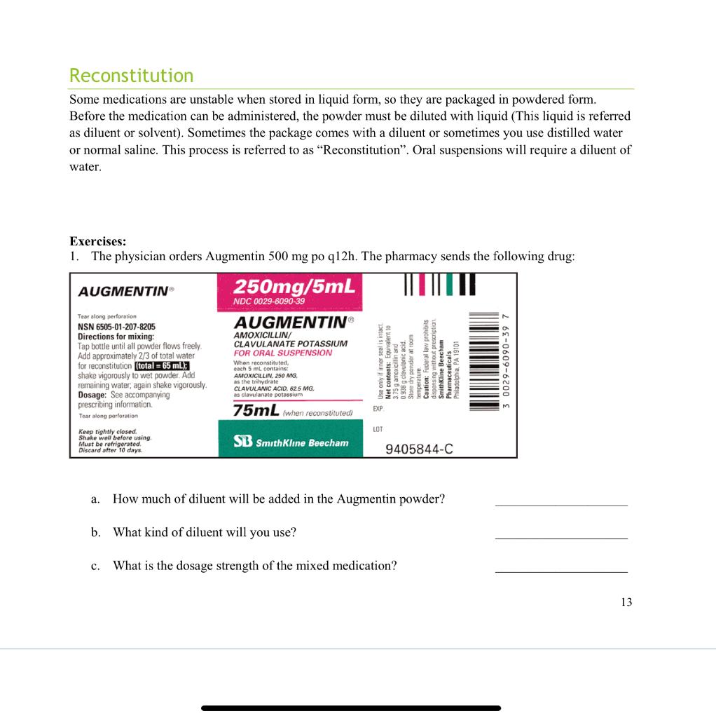 Solved Reconstitution Some medications are unstable when | Chegg.com