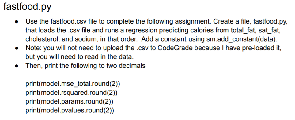 Solved Use the fastfood.csv file to complete the following | Chegg.com