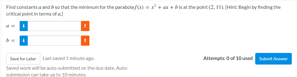 Solved Find constants a and b so that the minimum for the | Chegg.com
