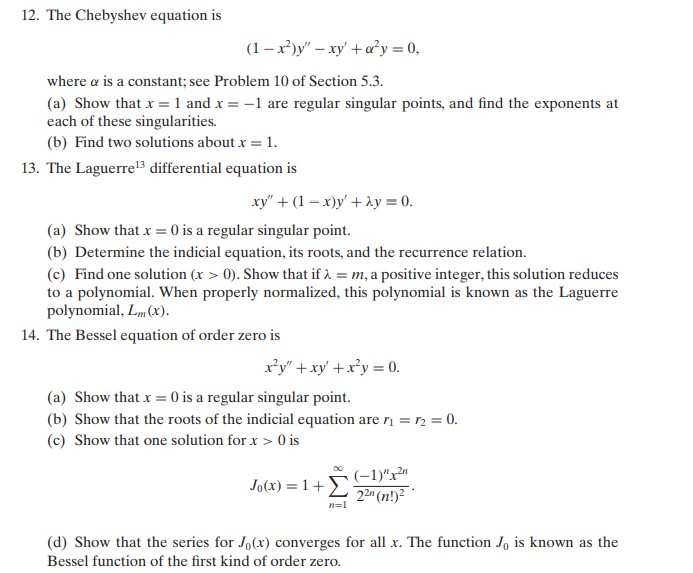 Solved 12. The Chebyshev equation is (1−x2)y′′−xy′+α2y=0, | Chegg.com
