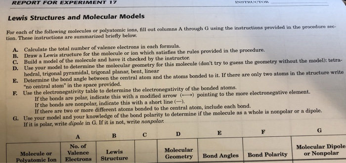 Solved REPORT FOR EXPERIMENT 17 Lewis Structures and | Chegg.com