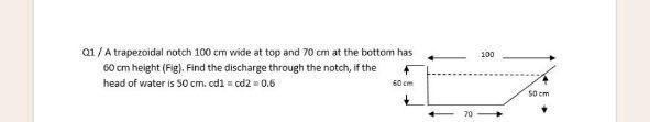 Solved 100 01/A trapezoidal notch 100 cm wide at top and 70 | Chegg.com