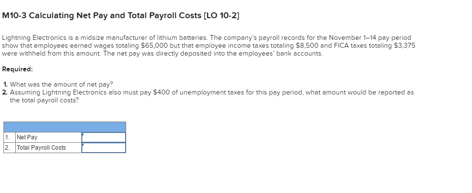 Solved M10-3 Calculating Net Pay and Total Payroll Costs [LO | Chegg.com