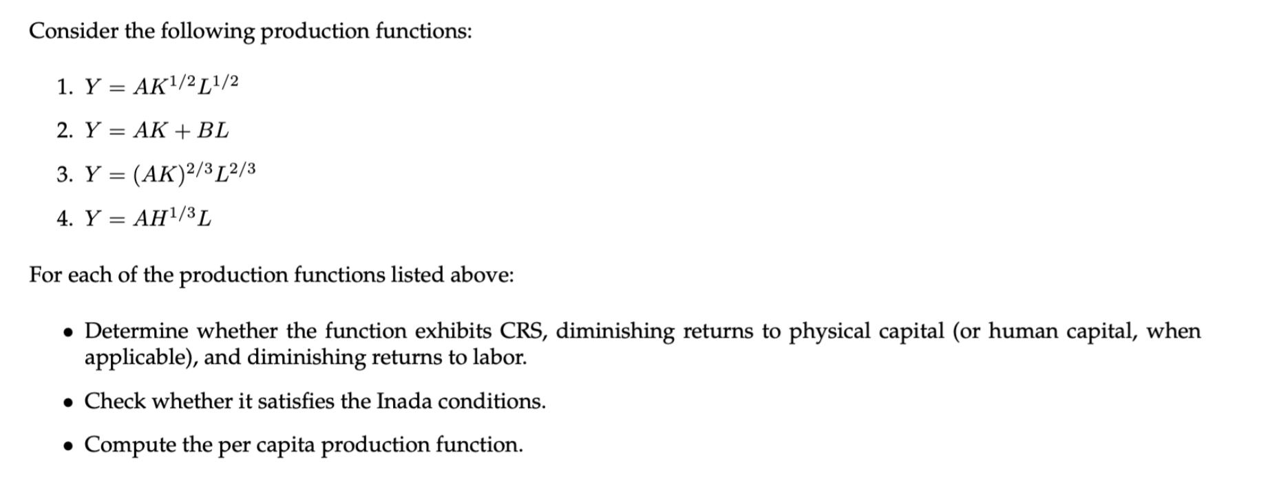 Solved Consider the following production functions: 1. Y = | Chegg.com