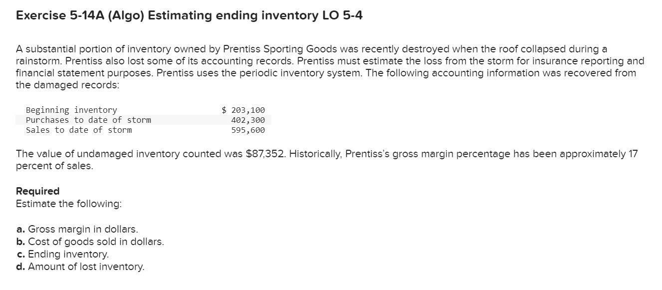 Solved Exercise 5-14A (Algo) Estimating ending inventory LO | Chegg.com
