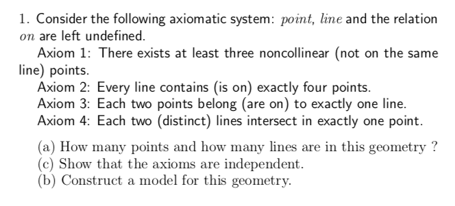 Solved 1. Consider the following axiomatic system: point, | Chegg.com