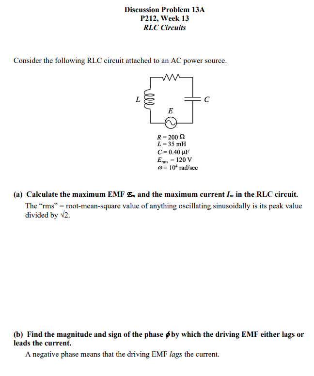 Solved Discussion Problem 13A P212, Week 13 RLC Circuits | Chegg.com