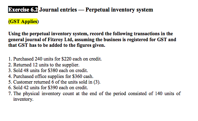 Solved Exercise 6.2 Journal entries -Perpetual inventory | Chegg.com