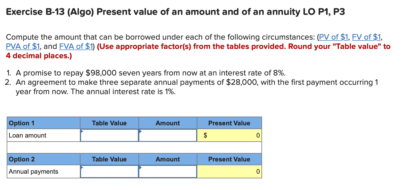 Solved Exercise B-13 (Algo) Present value of an amount and | Chegg.com