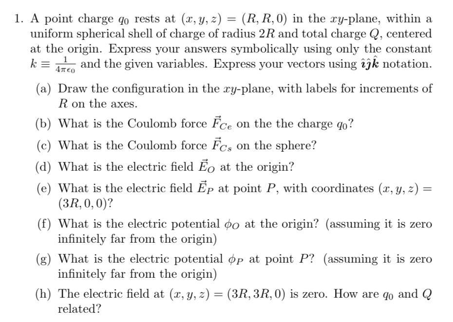 Solved A point charge q0 rests at (x,y,z)=(R,R,0) in the | Chegg.com