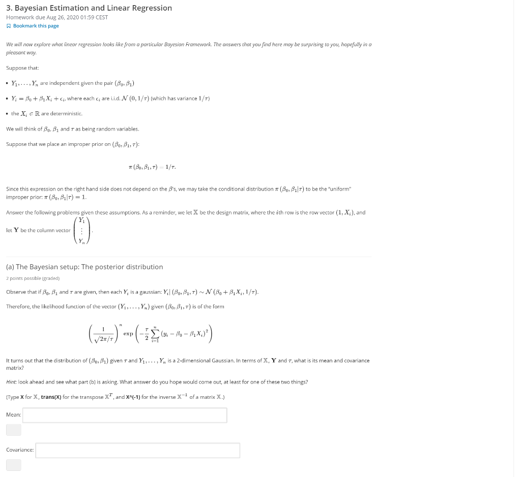 Solved 3. Bayesian Estimation and Linear Regression Homework | Chegg.com