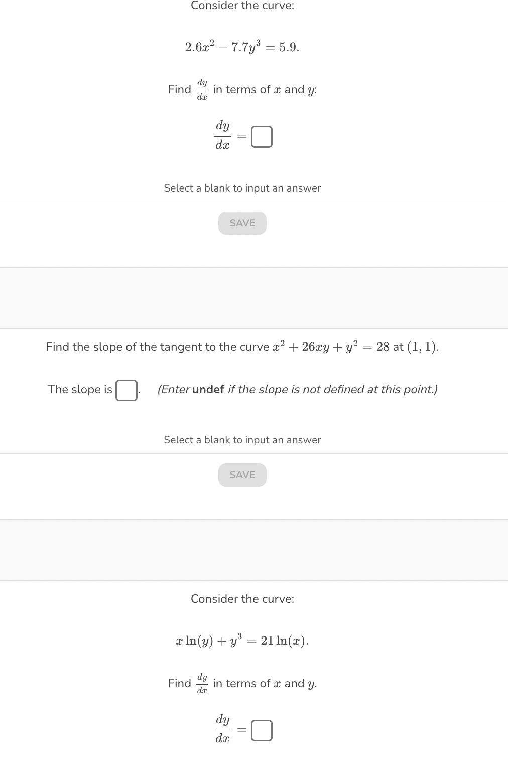Solved Consider the curve: 2.6x2−7.7y3=5.9 Find dxdy in | Chegg.com