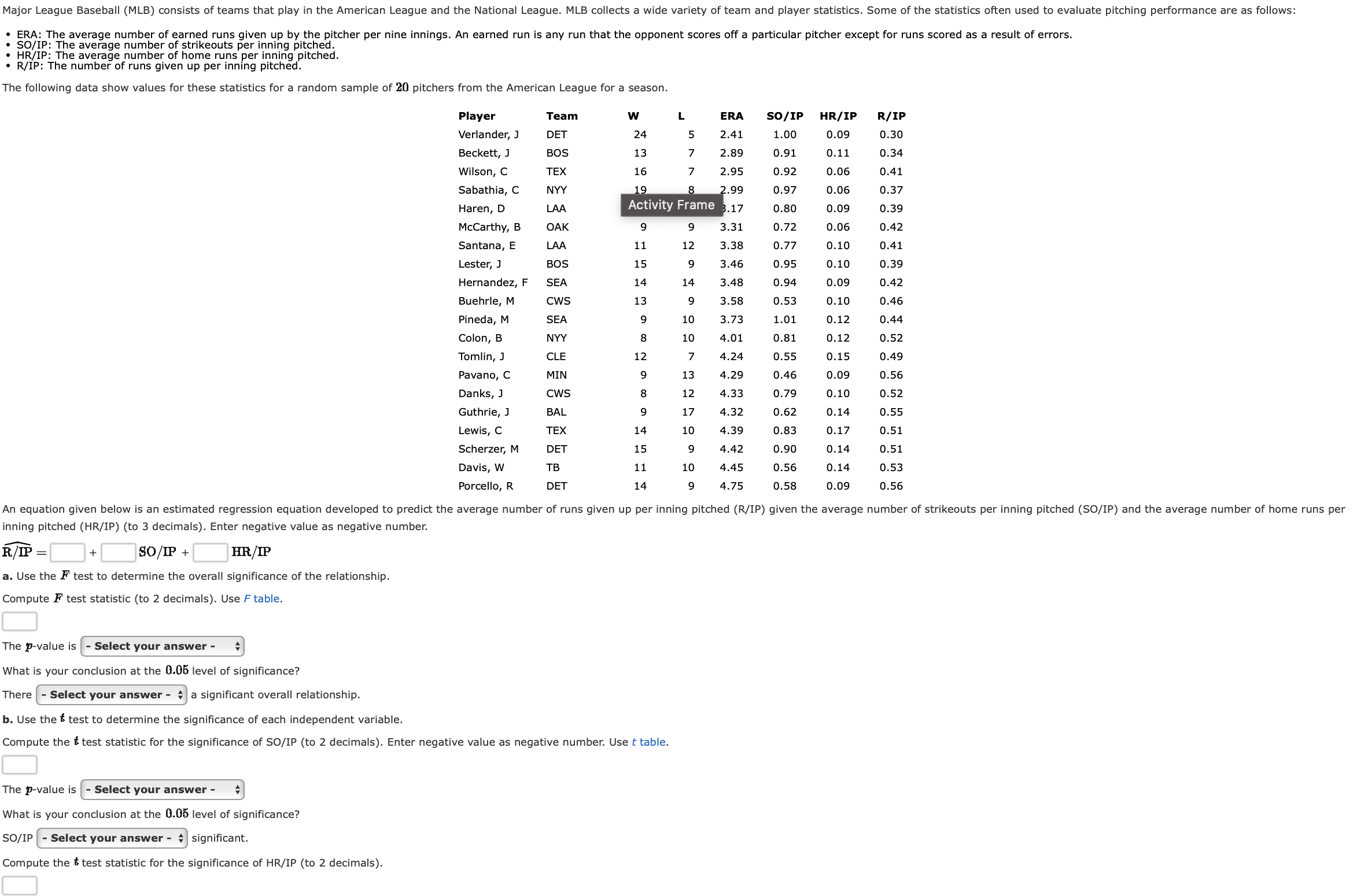 Solved - SO/IP: The average number of strikeouts per inning | Chegg.com