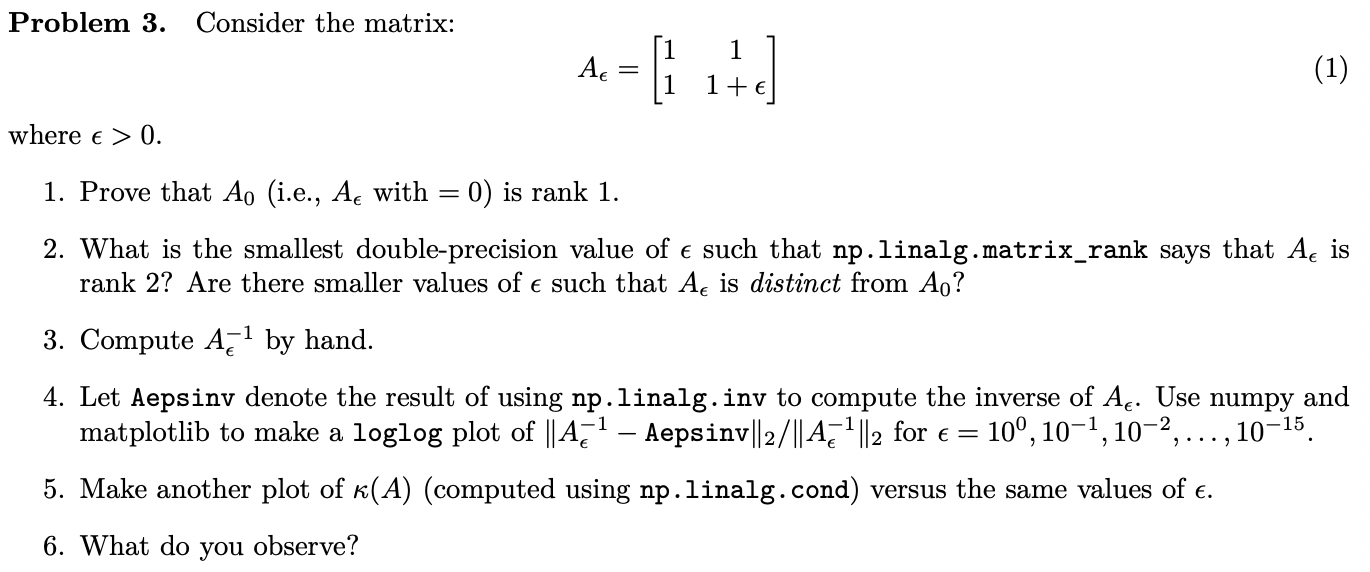 Solved Problem 3. Consider the matrix: Aϵ=[1111+ϵ] where | Chegg.com