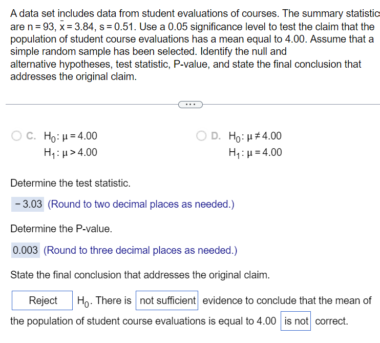 Solved A data set includes data from student evaluations of | Chegg.com