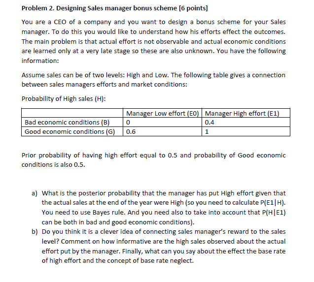 Problem 2. Designing Sales manager bonus scheme [6 | Chegg.com