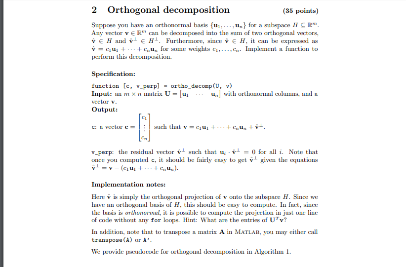 Solved 2 Orthogonal decomposition (35 points) Suppose you | Chegg.com