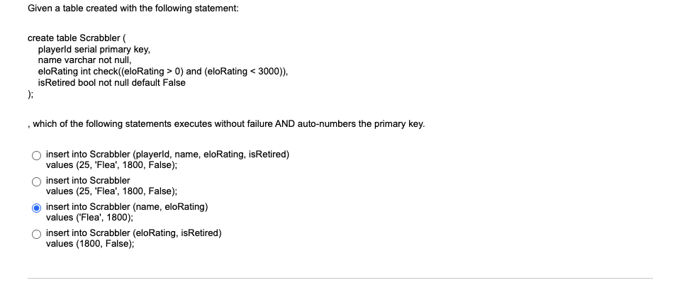 Solved Given a table created with the following statement: | Chegg.com
