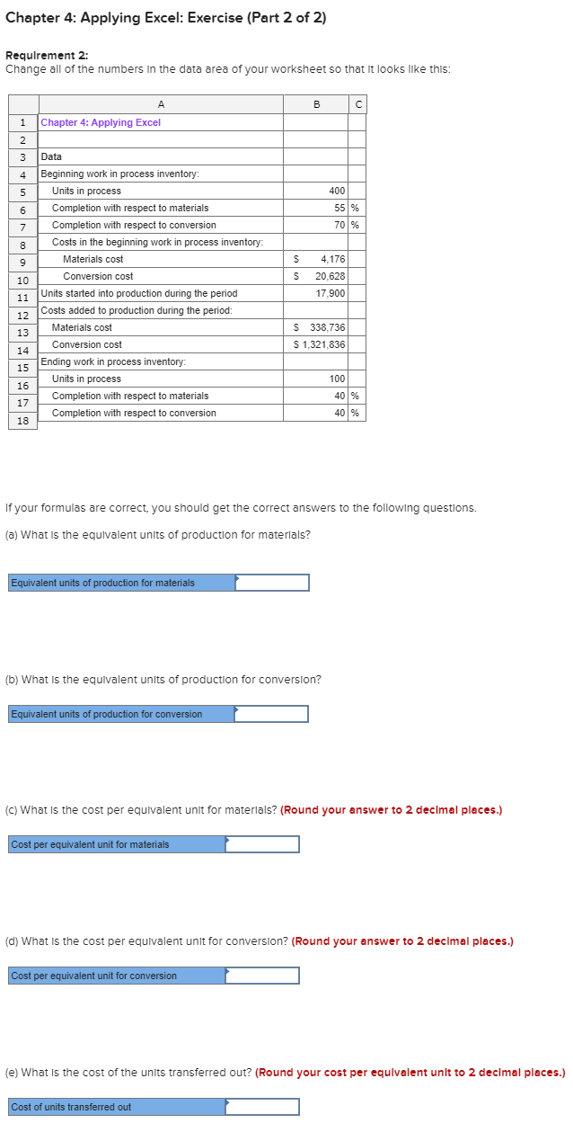 Chapter 4: Applying Excel: Exercise (Part 2 of 2) | Chegg.com