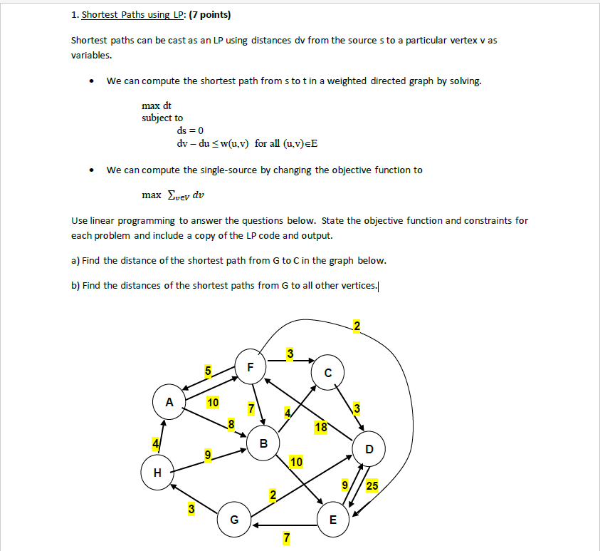 1. Shortest Paths using LP: (7 points) Shortest paths | Chegg.com