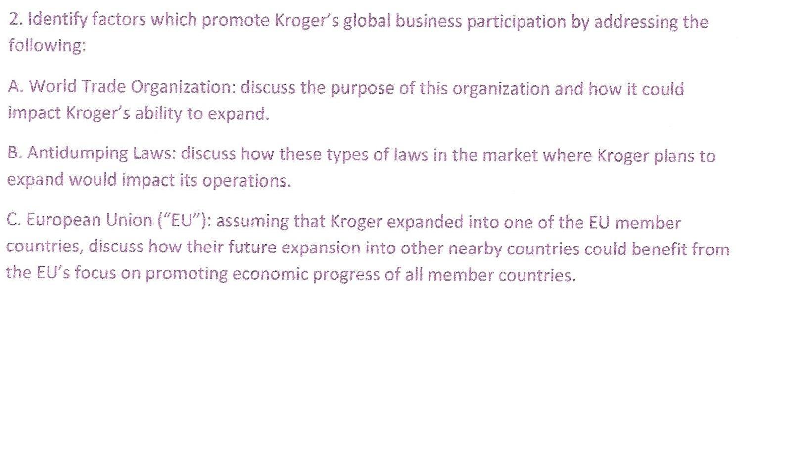 Solved 2. Identify factors which promote Kroger's global | Chegg.com