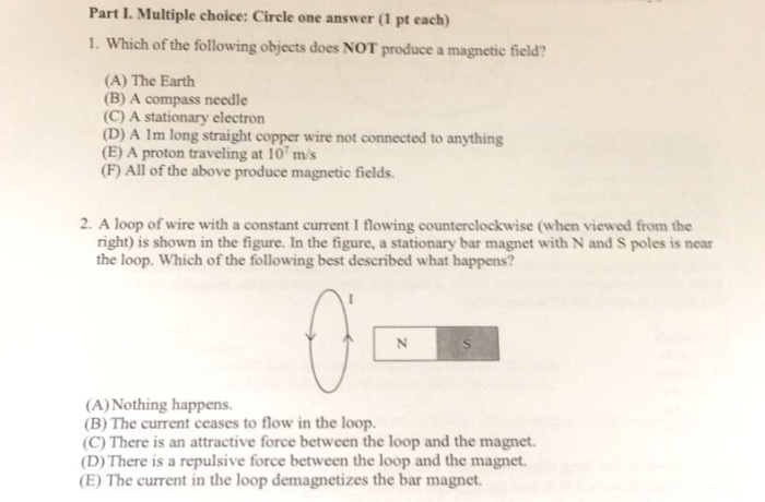 Solved Part I. Multiple choice: Circle one answer (1 pt | Chegg.com