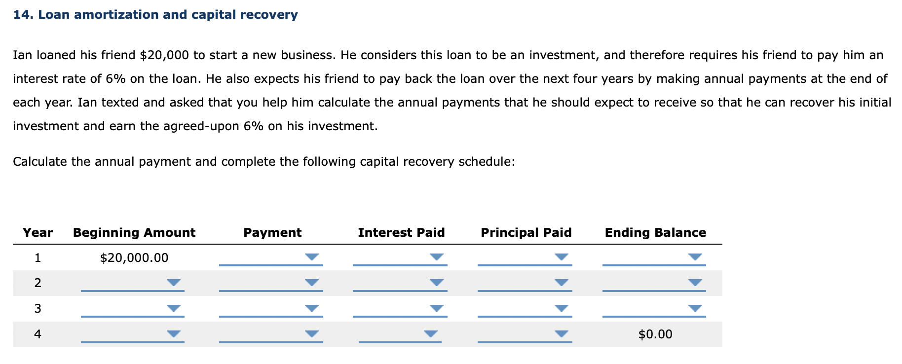 Solved 14. Loan amortization and capital recovery Ian loaned | Chegg.com