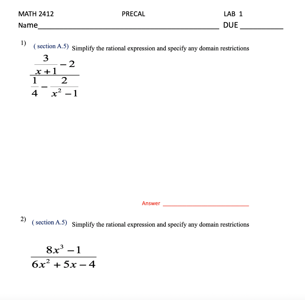 Solved MATH 2412 PRECAL LAB 1 Name DUE 1) (section A.5) | Chegg.com