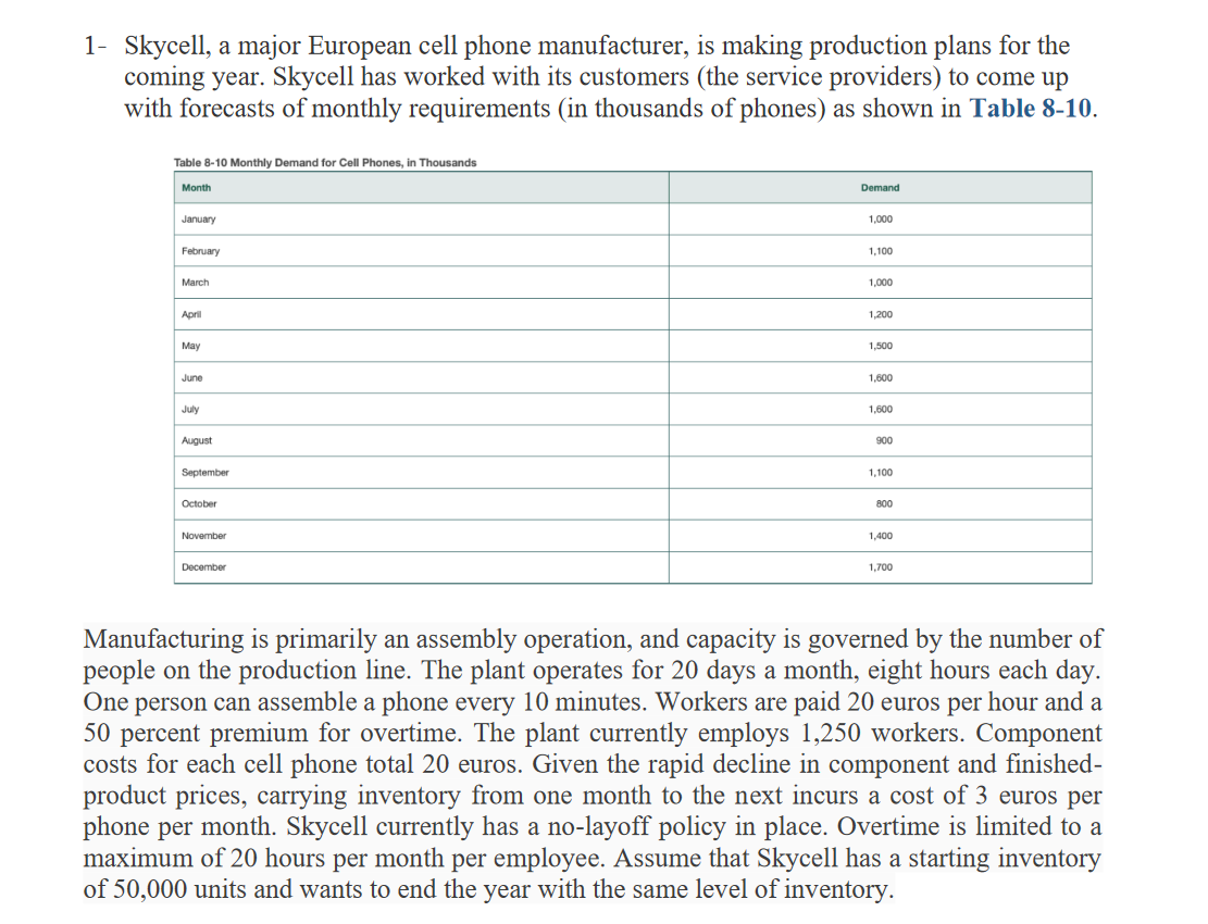 Solved 1- Skycell, a major European cell phone manufacturer, | Chegg.com