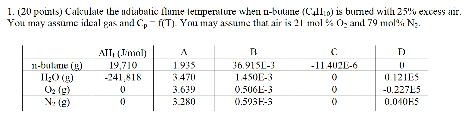 Solved 1. (20 points) Calculate the adiabatic flame | Chegg.com
