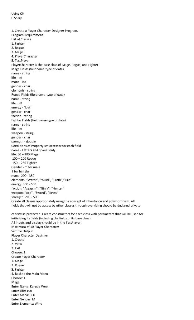 Solved Using C# C Sharp 1. Create a Player Character | Chegg.com