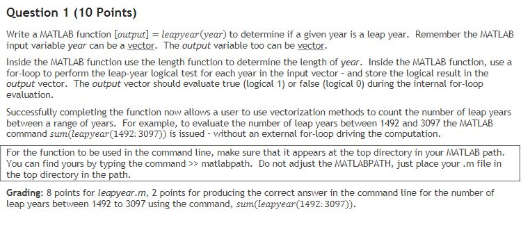 Solved Question 1 (10 Points) Write a MATLAB function | Chegg.com