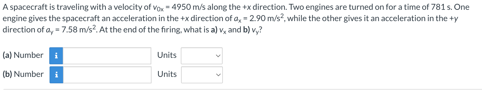 Solved A spacecraft is traveling with a velocity of v0x=4950 | Chegg.com