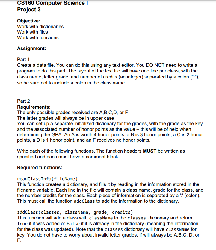 CS160 Computer Science Project 3 Objective: Work with | Chegg.com