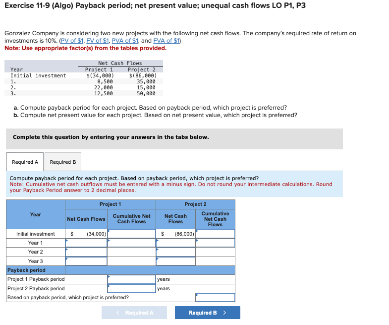 Solved Exercise 11-9 (Algo) ﻿Payback period; net present | Chegg.com