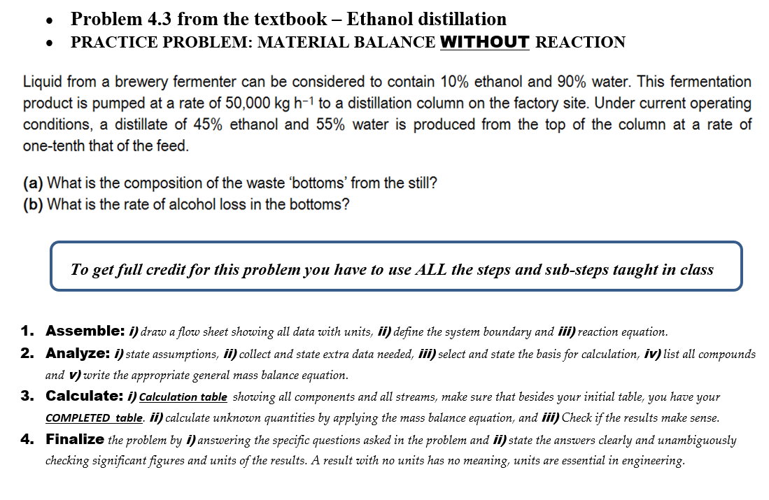 Solved - Problem 4.3 from the textbook - Ethanol | Chegg.com