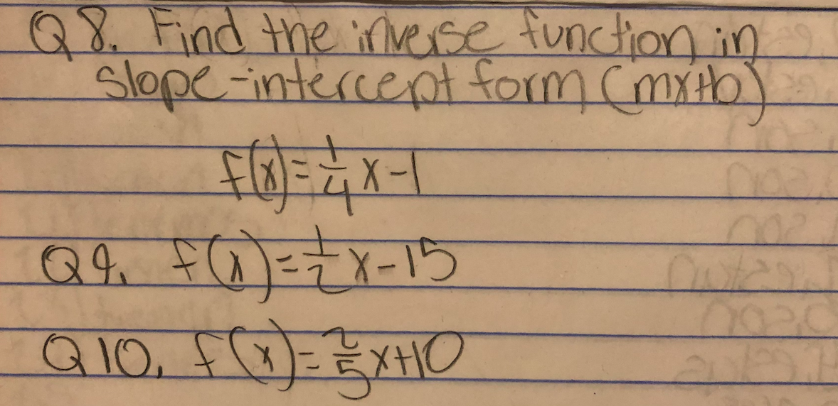 Solved Q8. Find the inverse function in slope intercept form | Chegg.com