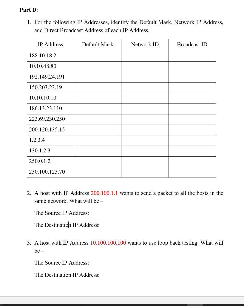 Part D: 1. For the following IP Addresses, identify | Chegg.com