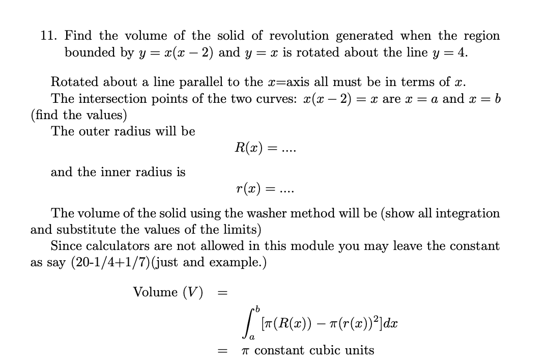Solved 11. Find the volume of the solid of revolution | Chegg.com