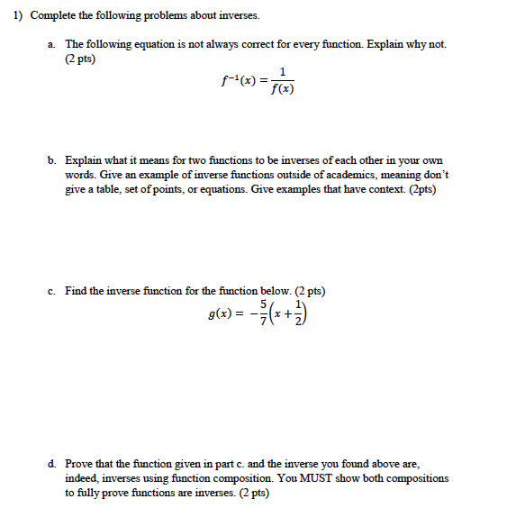 Solved 1) Complete the following problems about inverses. a. | Chegg.com